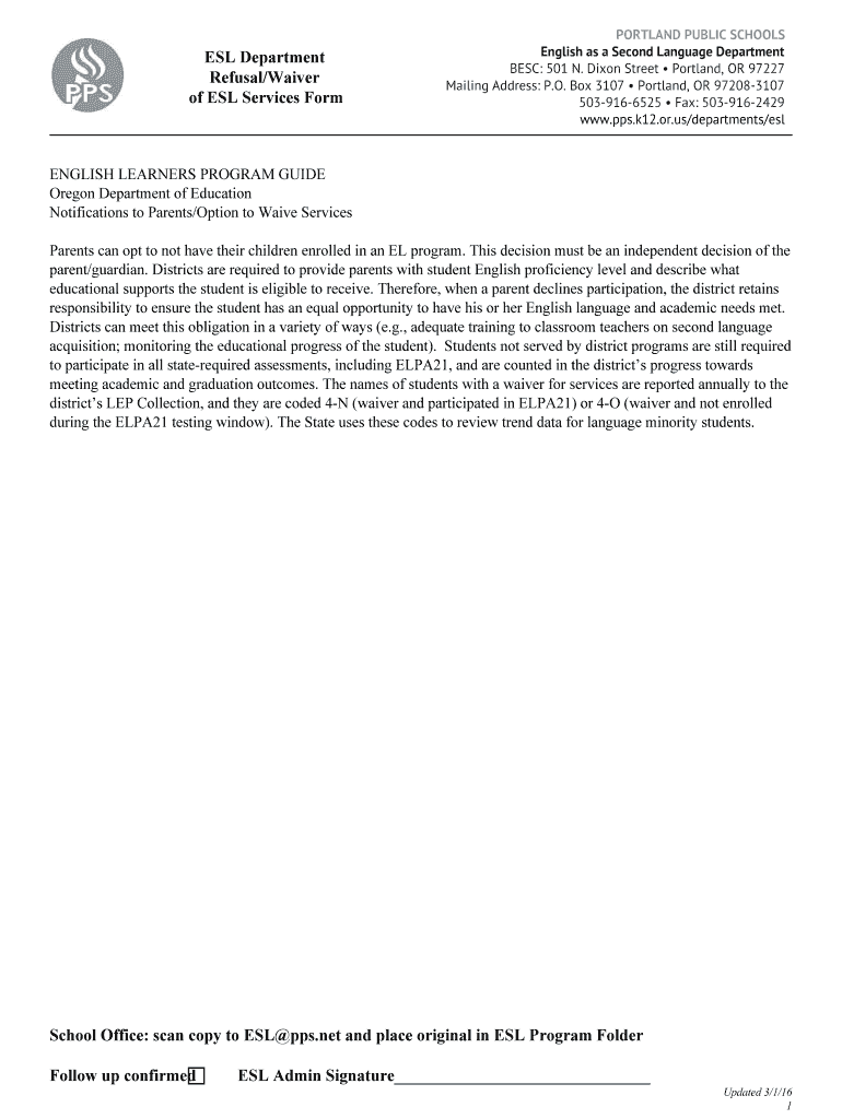 Fillable Online ESL Department Refusal/Waiver of ESL Services Form School Office ... Fax Email ...
