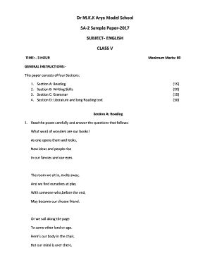 Fillable Online ENGLISH CLASS V - Dr MKK Arya Model School Fax Email ...