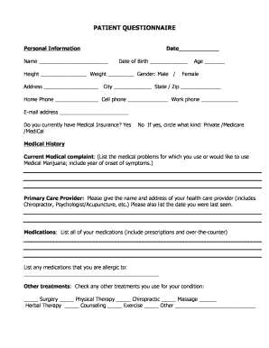 Fillable Online 1 PATIENT QUESTIONNAIRE complete - Medical Marijuana ...