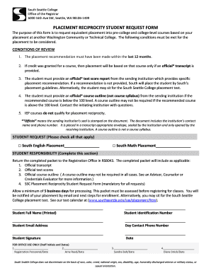 Fillable Online placement reciprocity student request form - South ...