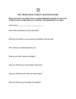 Fillable Online HPC PRESCHOOL PARENT QUESTIONNAIRE Fax Email Print ...