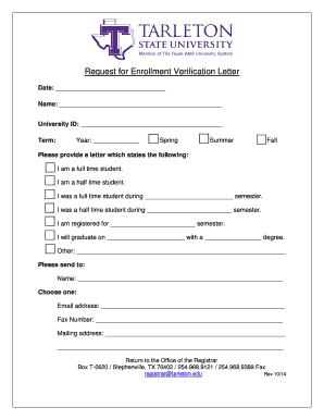 Fillable Online Request for Enrollment Verification Letter - Tarleton ...