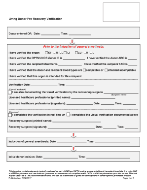 Fillable Online Living Donor Pre-Recovery Verification Prior to the ...