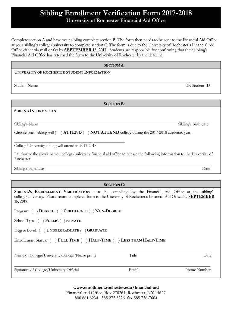 Fillable Online Sibling Enrollment Verification Form 2017-2018 Fax ...
