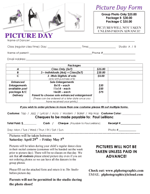 Fillable Online Picture Day Form PICTURE DAY - The Studio Dance School ...