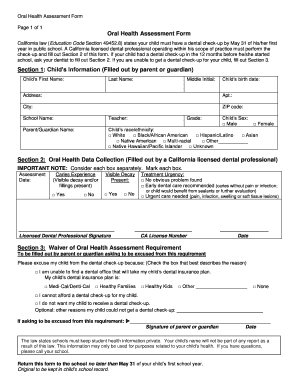 Fillable Online Oral Health Assessment Form - Health Services & School ...