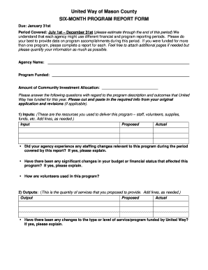 Fillable Online unitedwaymasonco Agency 6 Month Report Form - United ...