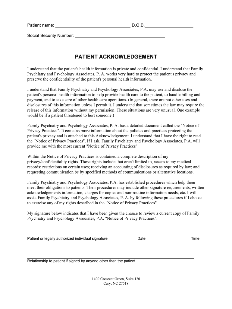 Fillable Online Patient Acknowledgement Form-website.doc Fax Email ...