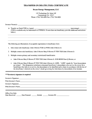 Fillable Online TRANSFER ON DEATH (TOD) CERTIFICATE - Bryan Investment ...