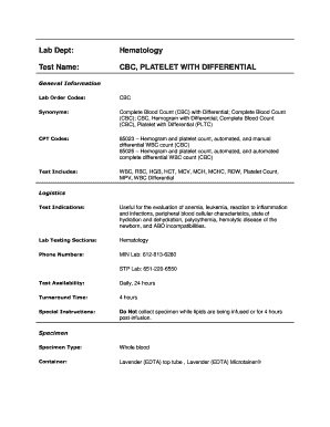 Fillable Online CBC, PLATELET WITH DIFFERENTIAL Fax Email Print - pdfFiller