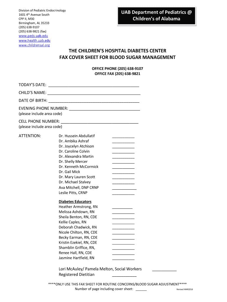 Fillable Online Insulin Injection Blood Sugar Log Fax Sheet - Children's of Alabama Fax Email ...