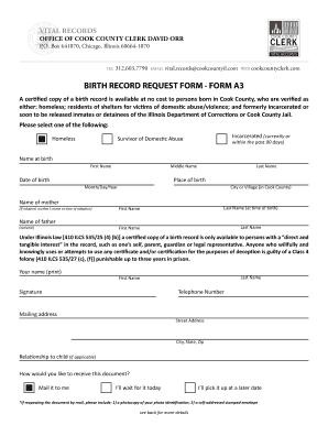 Fillable Online birth record request form - form a3 - Cook County Clerk ...
