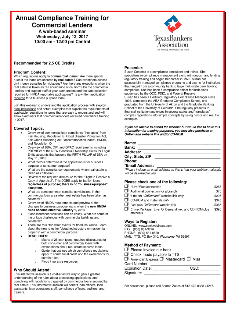 Fillable Online Annual Compliance Training for Commercial Lenders Fax ...