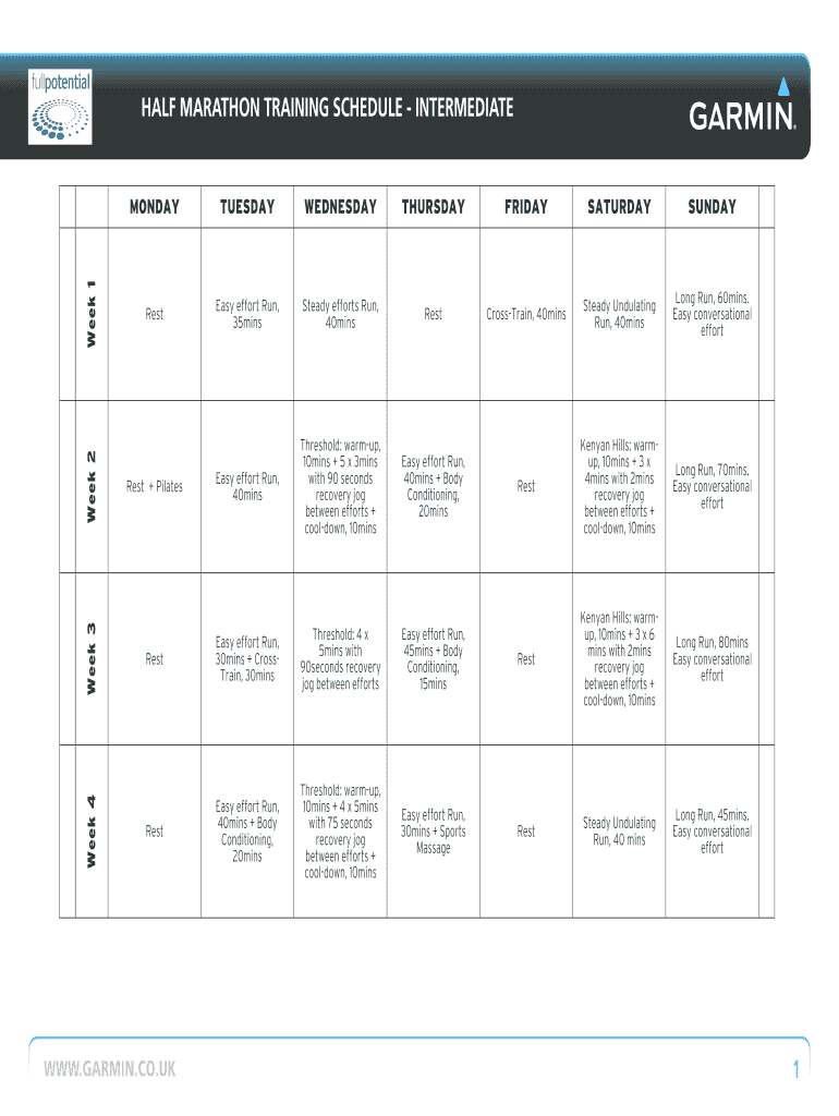 Fillable Online HALF MARATHON TRAINING SCHEDULE - INTERMEDIATE Fax ...