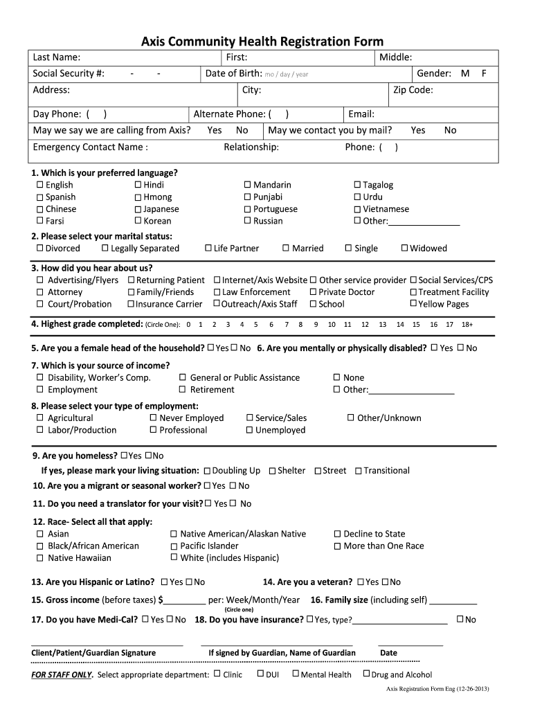 Fillable Online Client Registration Form - Axis Community Health Fax ...
