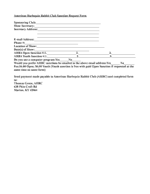 Fillable Online American Harlequin Rabbit Club Sanction Request Form ...