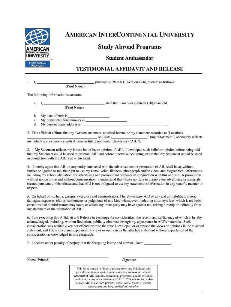 Fillable Online affidavit and release - (AIU) Study Abroad Program Fax ...