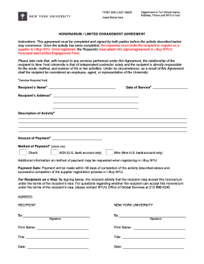 Fillable Online Honorarium Agreement - NYU Fax Email Print - pdfFiller