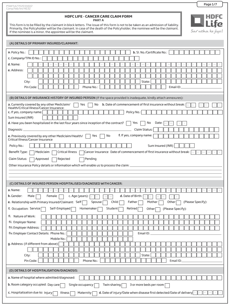 Fillable Online Cancer claim form Insured Part A.ai - HDFC Life Fax ...
