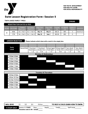 Fillable Online Swim Lesson Registration Form Session 5 Fax Email Print ...
