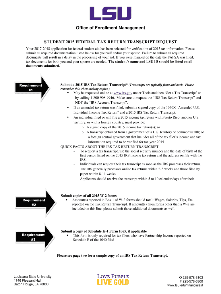 Fillable Online STUDENT 2015 FEDERAL TAX RETURN TRANSCRIPT REQUEST Fax ...