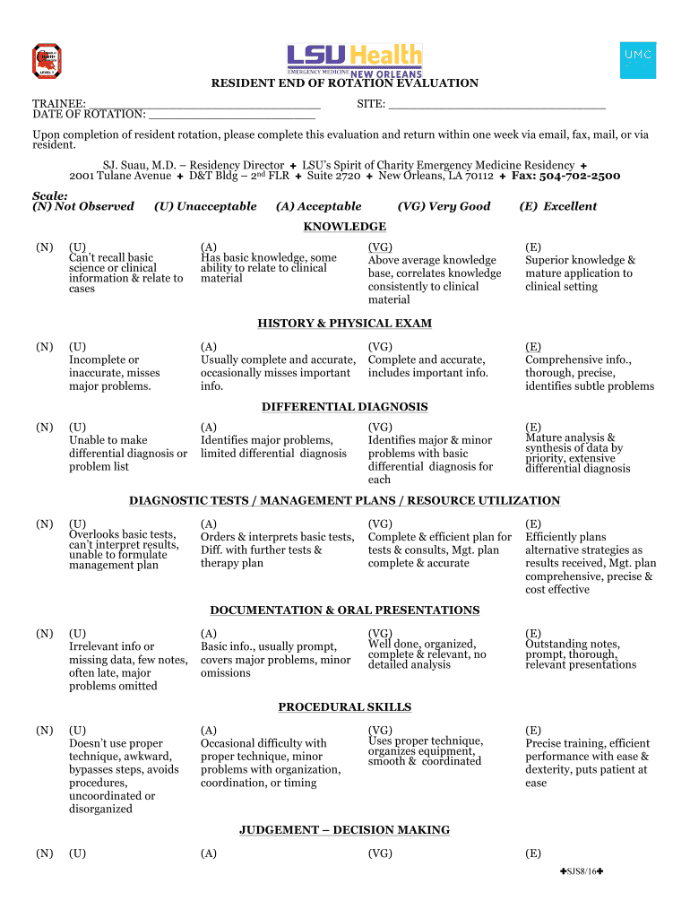 Fillable Online Rotation-End Resident Evaluation - LSU Emergency Medicine Fax Email Print ...