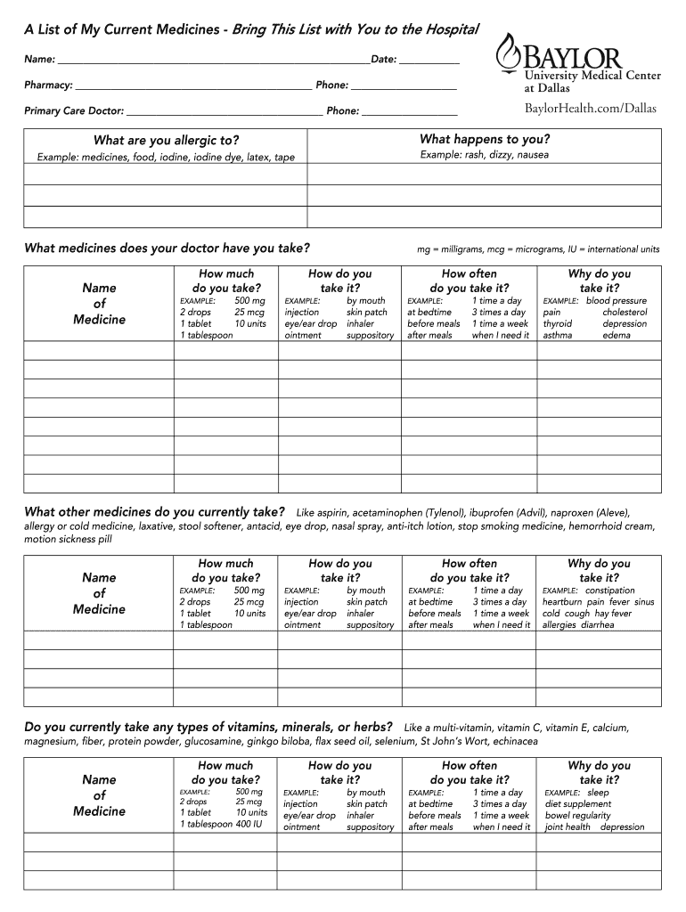 Fillable Online A List of My Current Medicines - Bring This List with You to the Hospital Fax ...
