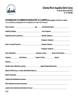 Fillable Online Authorization to Administer Medication - Charles River Aquatics Fax Email Print ...