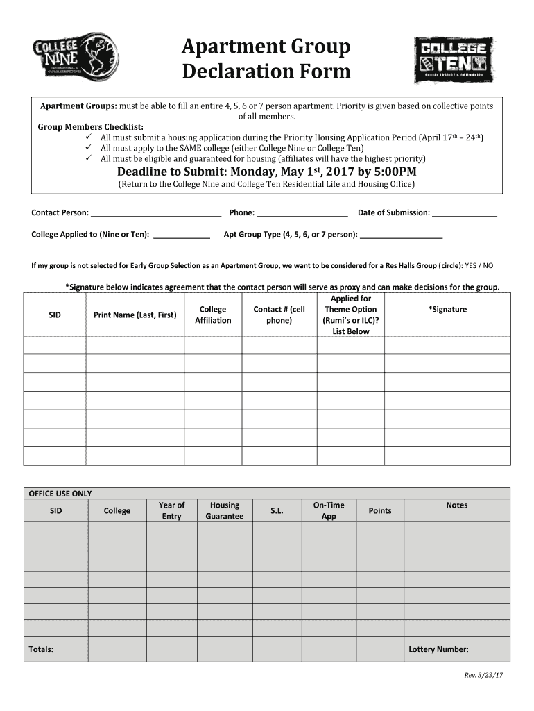 Fillable Online 2017 Apartment Group Declaration Form - College Nine ...