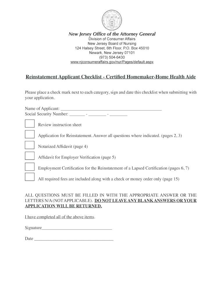 Fillable Online Reinstatement Applicant Checklist - Certified Homemaker ...
