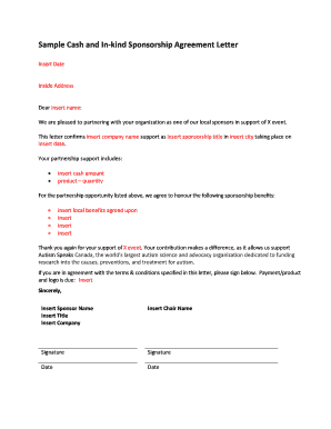 Fillable Online Sample Cash and In-kind Sponsorship Agreement Letter ...
