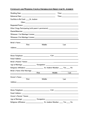 Fillable Online COVENANT AND WEDDING COUPLE INFORMATION SHEET FOR ST ...