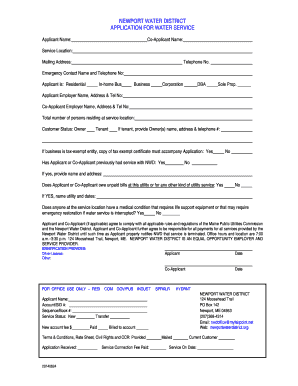 Fillable Online NEWPORT WATER DISTRICT APPLICATION FOR WATER SERVICE ...