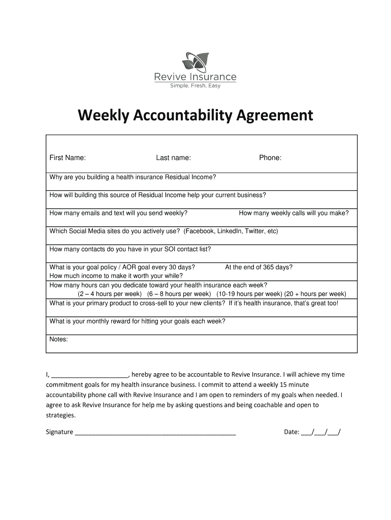 Fillable Online Weekly Accountability Agreement Fax Email Print - pdfFiller