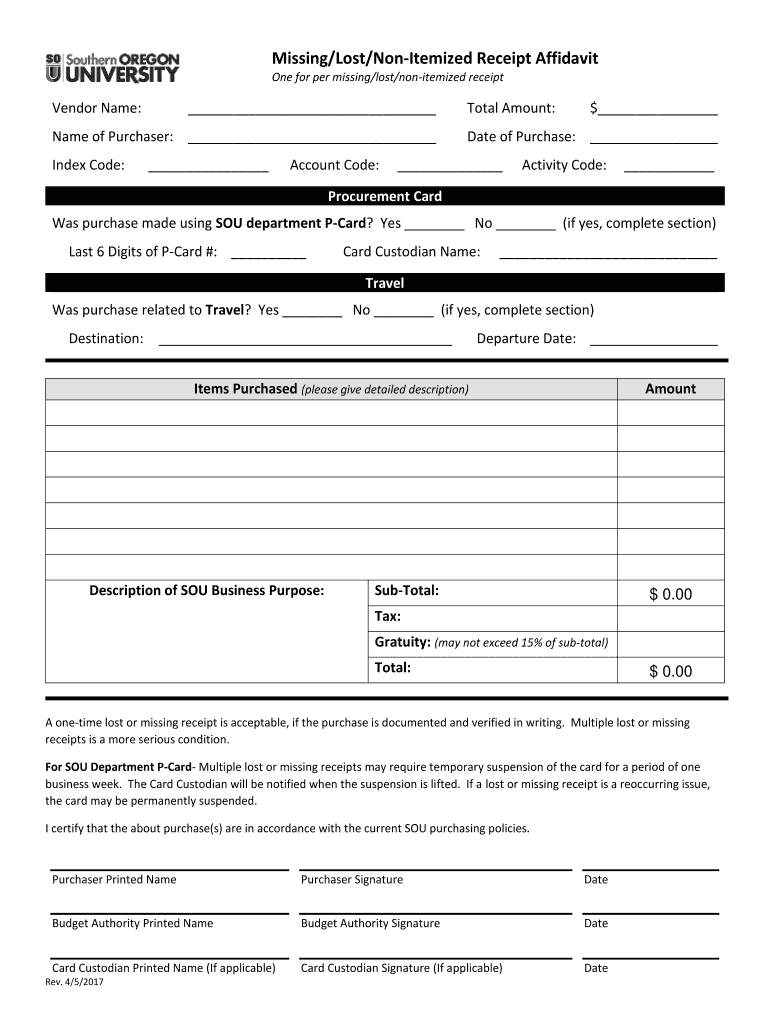 Fillable Online Missing/Lost/Non-Itemized Receipt Affidavit - Inside ...