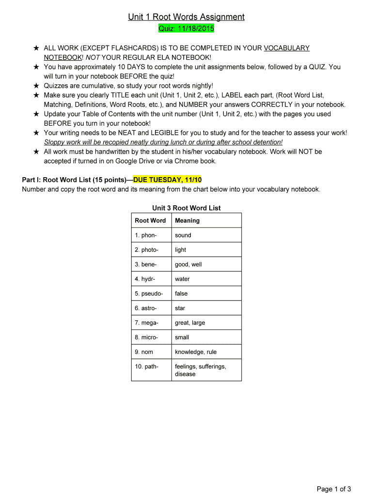 Fillable Online Unit 1 Root Words Assignment Fax Email Print - pdfFiller