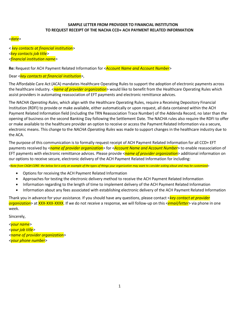 Fillable Online SAMPLE LETTER FROM PROVIDER TO FINANCIAL INSTITUTION ...