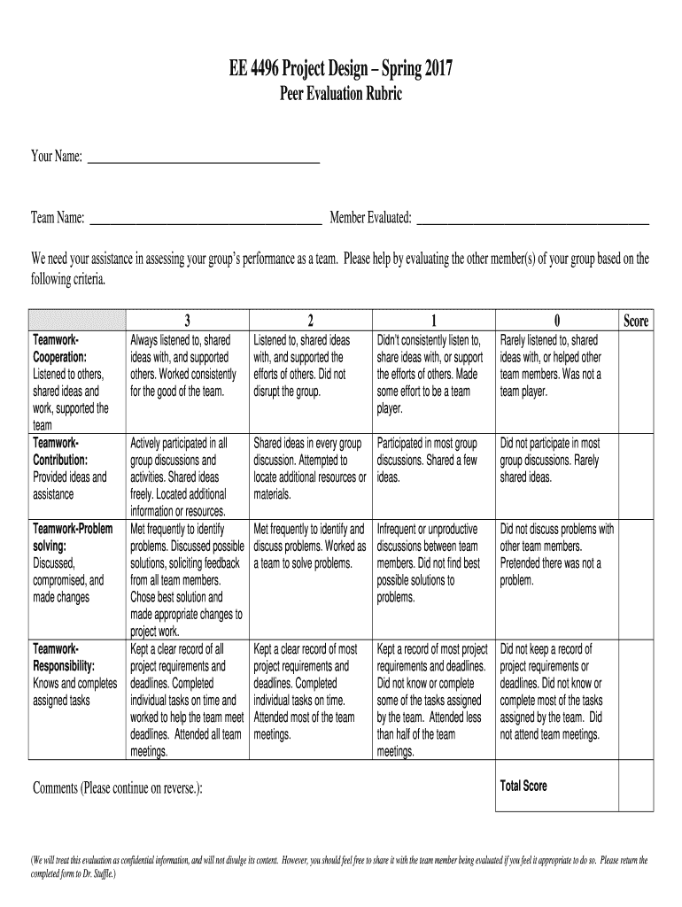 Fillable Online Teamwork Evaluation: Please evaluate each ... - Dr ...