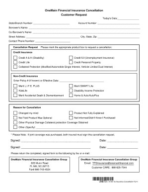 Fillable Online OneMain Financial Insurance Cancellation Fax Email ...