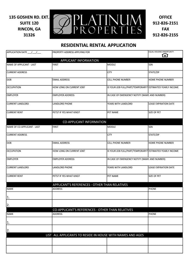 Fillable Online residential rental application - Platinum Properties ...
