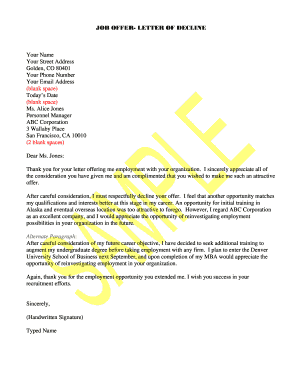 Fillable Online JOB OFFER- LETTER OF DECLINE Fax Email Print - pdfFiller