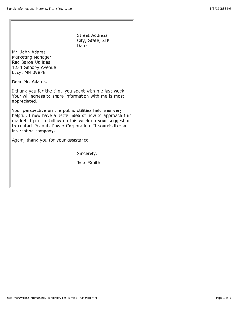 Fillable Online Sample Informational Interview Thank-You Letter Fax ...