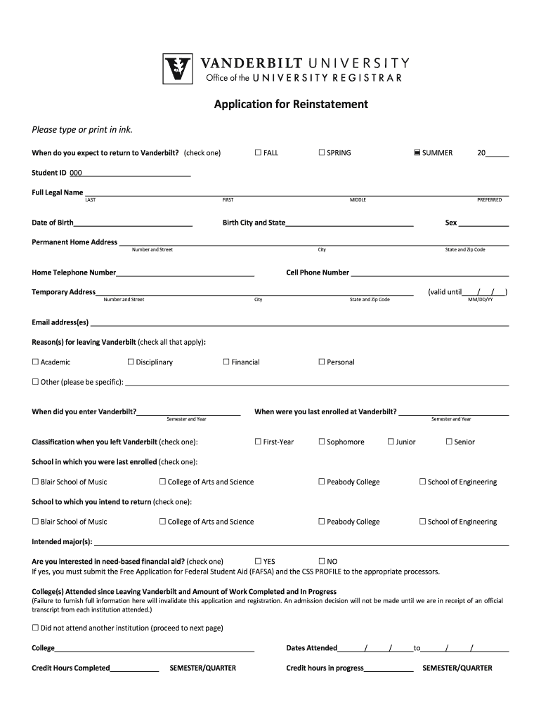 Fillable Online Application for Reinstatement - University Registrar ...