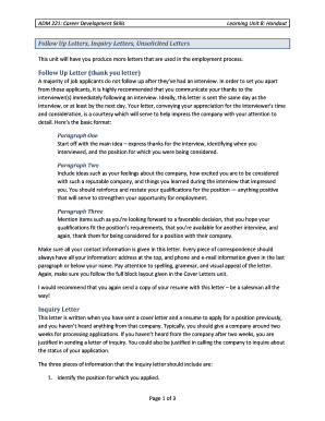 Fillable Online Follow Up Letters, Inquiry Letters, Unsolicited Letters ...