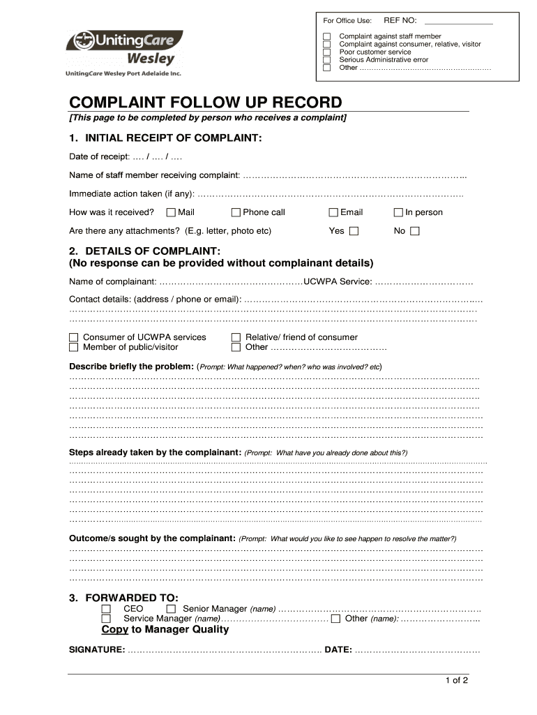 Fillable Online Complaint follow up record Fax Email Print - pdfFiller