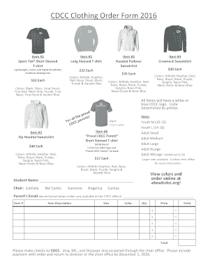 Fillable Online CDCC Clothing Order Form 2016 Fax Email Print - pdfFiller