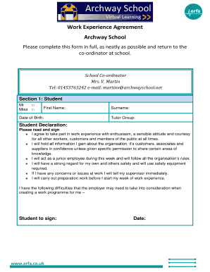 Fillable Online Work Experience Form - Archway School Fax Email Print ...