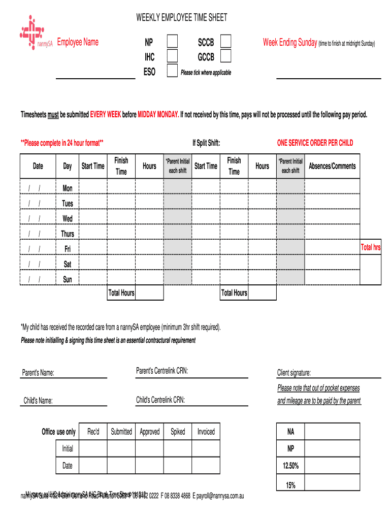 Fillable Online IHC Timesheet - Nanny SA Fax Email Print - pdfFiller