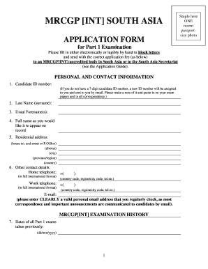 Fillable Online MRCGP INT SOUTH ASIA APPLICATION FORM for Part 1 ...