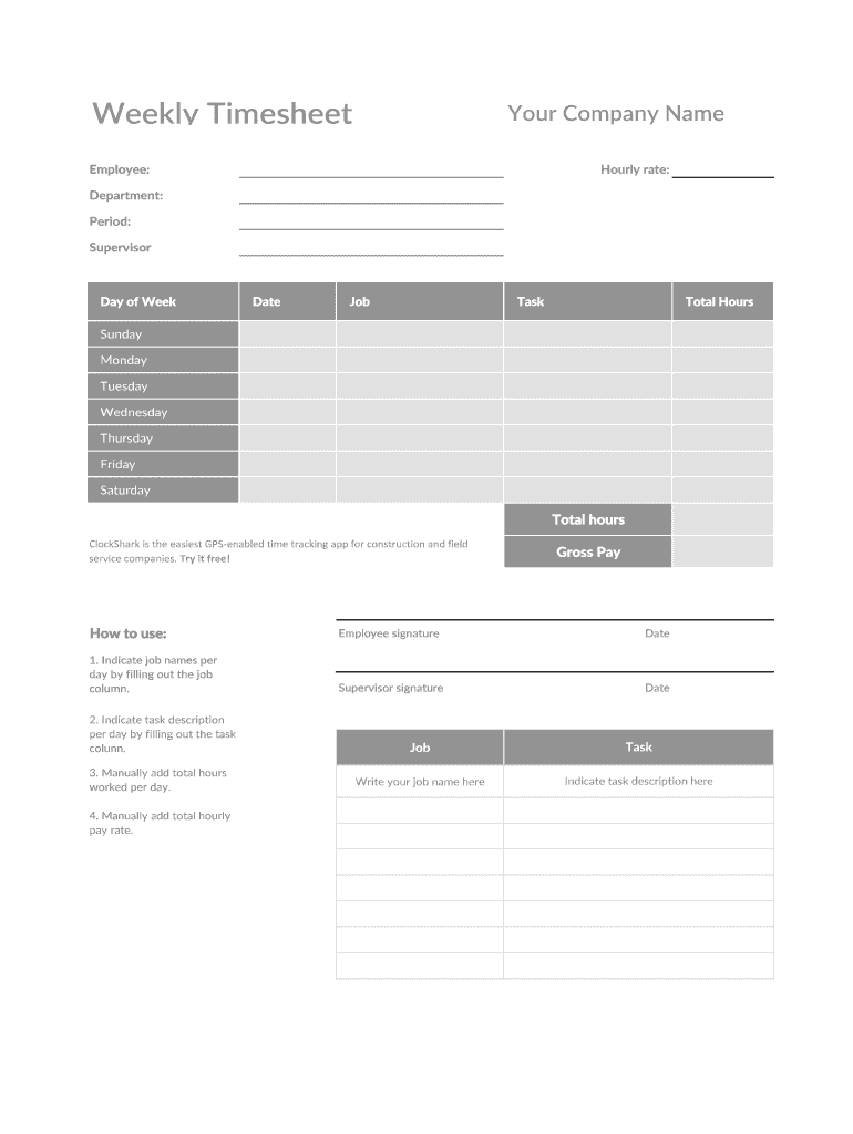 Fillable Online Weekly Timesheet - ClockShark Fax Email Print - pdfFiller